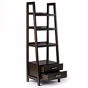 SIMPLIHOME Sawhorse SOLID WOOD 24 Inch Modern Industrial Ladder Shelf with Storage in Dark Chestnut Brown, For the Living Room, Study Room and Office