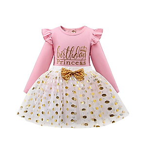 vivifayee Toddler Kids Baby Girls Birthday Princess Outfits Long Sleeve Shirts Dot Bubble Tulle Tutu Skirt 2PCS Fall Winter Skirt Sets