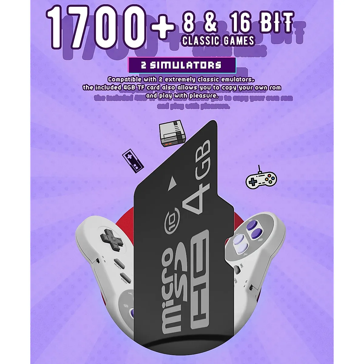 Upgrade Retro Mini Game Console, Preloaded 1700+ 8 & 16 Bit Classic Video Games(No Repeat), HDMI TV Output, 4GB TF Card Rom Copy, 2 Cable Less Controllers, Gift of Childhood Memories