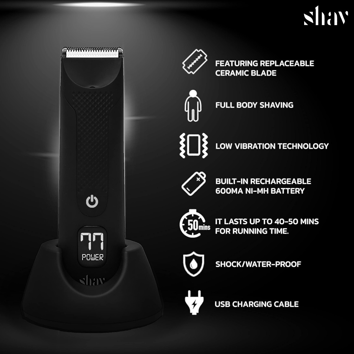 SHAV Electric Below-The-Belt Trimmer Built for Men, Men's Grooming kit | Hair Trimmer Kit: Replaceable Ceramic Blade, Waterproof Groin & Body Shaver, Standing Recharge Dock