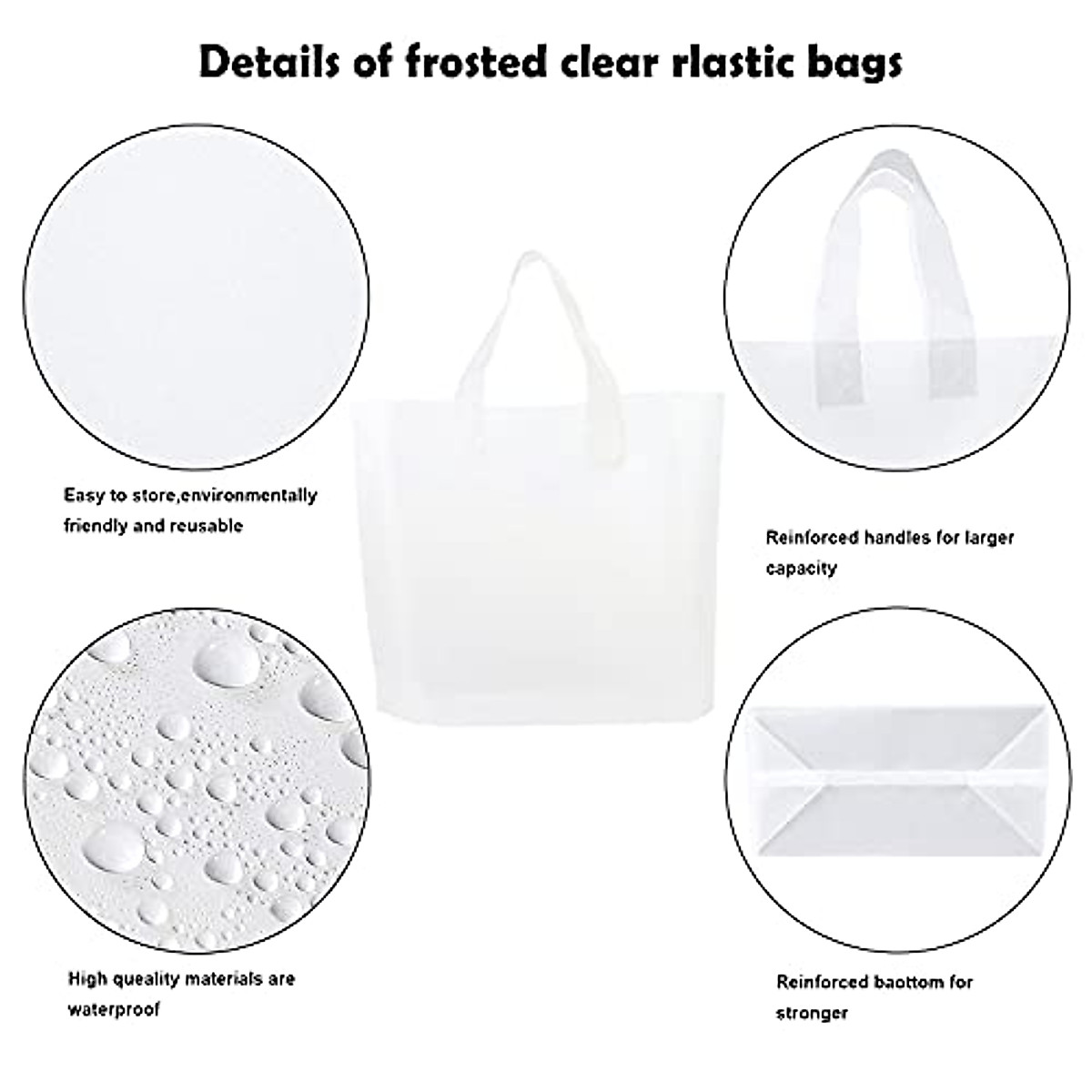 Gogmooi 150 Pcs Plastic Bags with Handles Bulk, Clear Bags Soft Frosted Plastic Bags for Gifts, Boutiques, Events High-Density Size Reusable Bulk 12" x 50 pcs, 14" x 50 pcs, 16" x 50 pcs