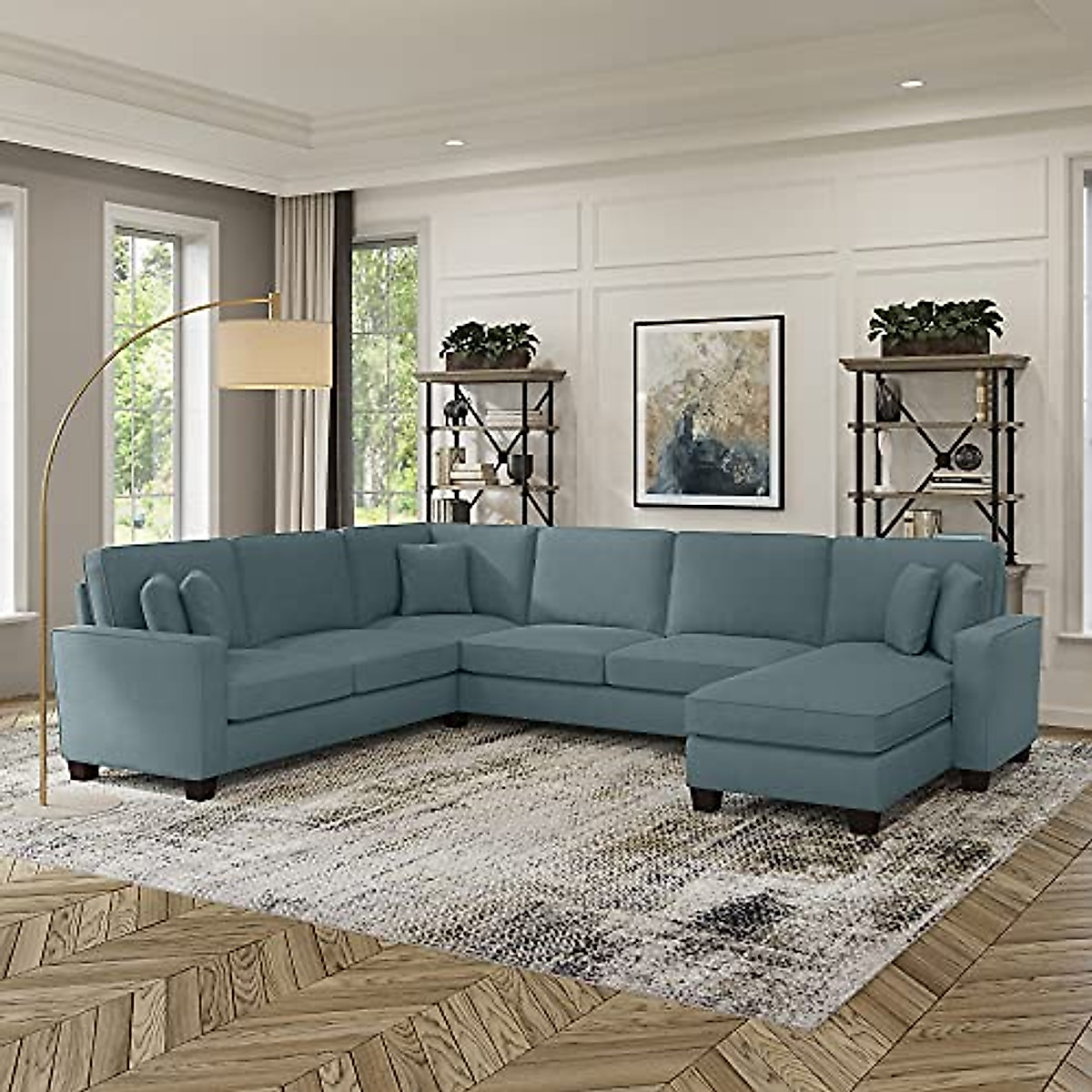 Bush Furniture Stockton U Shaped Sectional Couch with Reversible Chaise Lounge, 128W, Turkish Blue Herringbone