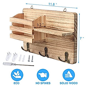 TocTen Key Hooks, Solid Wooden Key Holder for Wall Decorative, Wall Mounted Keys and Mail Organizer with 3 Metal Key Rack, Mail Organizer for Entryway, Front Door, Hallway (Light Brown)