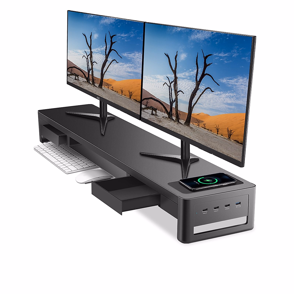 meatanty Dual Monitor Stand Riser with 2 Drawers,4 USB Ports and Charging Pad,Metal Monitor Stand for 2 Monitors Supports Transfer Data and Charging,Desk Organizer for PC,iMac(38.7 inches)