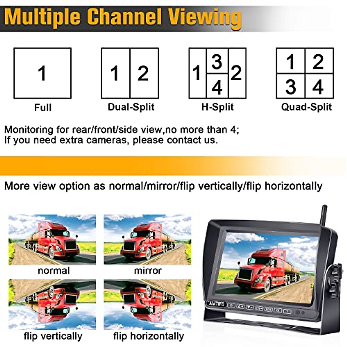 AMTIFO RV Backup Camera Wireless HD 1080P 8 Inch Touch Key Monitor Trailer Rear View System for Truck 5th Wheel Camper Reverse Cam DVR Split Screen 4 Channels Compatible with Furrion Pre-Wired RVs A5