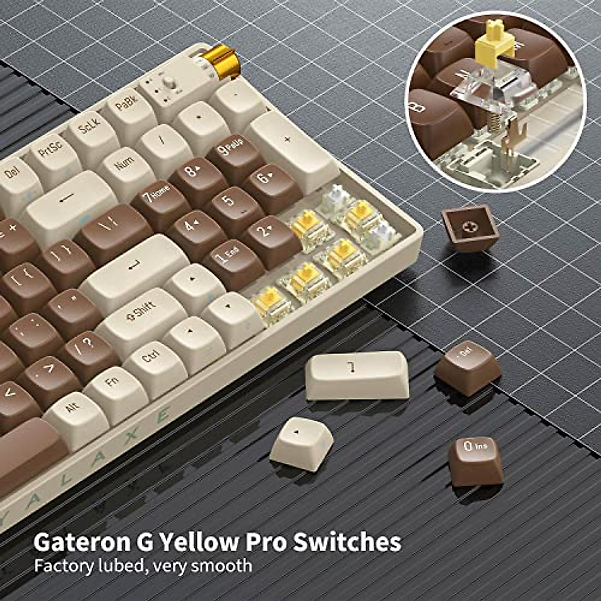 ROYALAXE X ProtoArc R100 Wireless Mechanical Keyboard, Hot Swappable Wired/Bluetooth 5.0/2.4G Wireless Keyboard with RGB Light for Windows & Mac, PBT Keycaps, Gateron G Yellow Pro Switch, Lava Brown