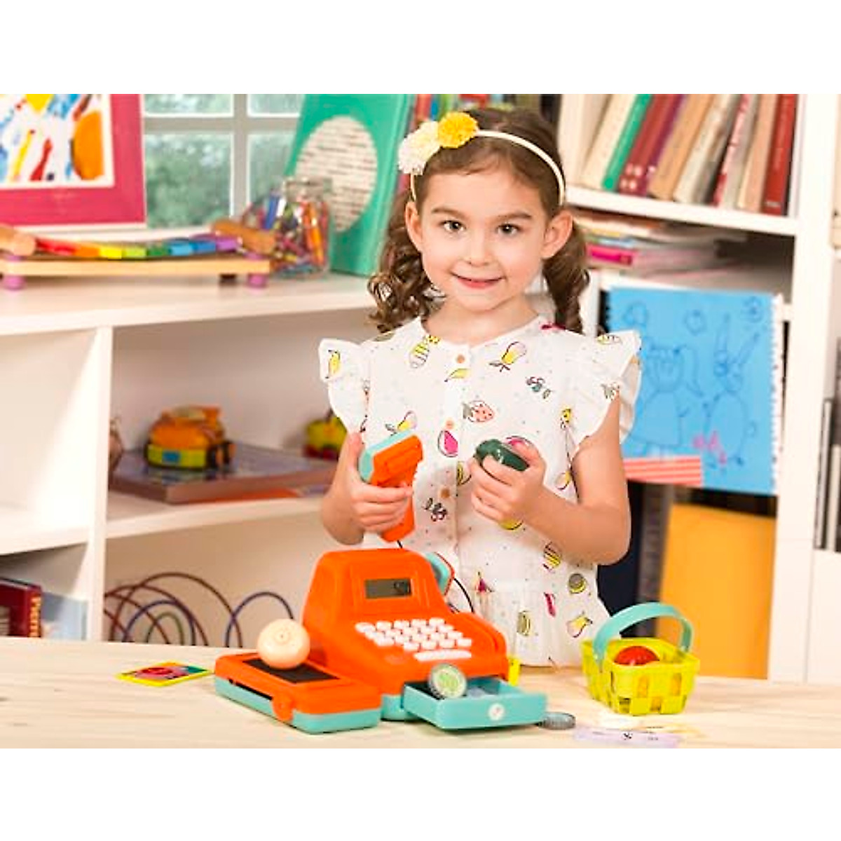 Battat - Interactive Kids Cash Register with Scanner & Sounds - 26-Piece Pretend Play Shopping Set with Light-Up Scanner, Play Money & Card - Educational Toy for Learning & Fun - Ages 3+