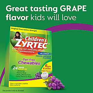Zyrtec Children's Dye-Free Chewables for 24 Hour Allergy Relief, 10 mg Cetirizine HCl Antihistamine Tablets, Kids Allergy Medicine Relieves Sneezing & Itchy Nose & Throat, Grape, 24 ct