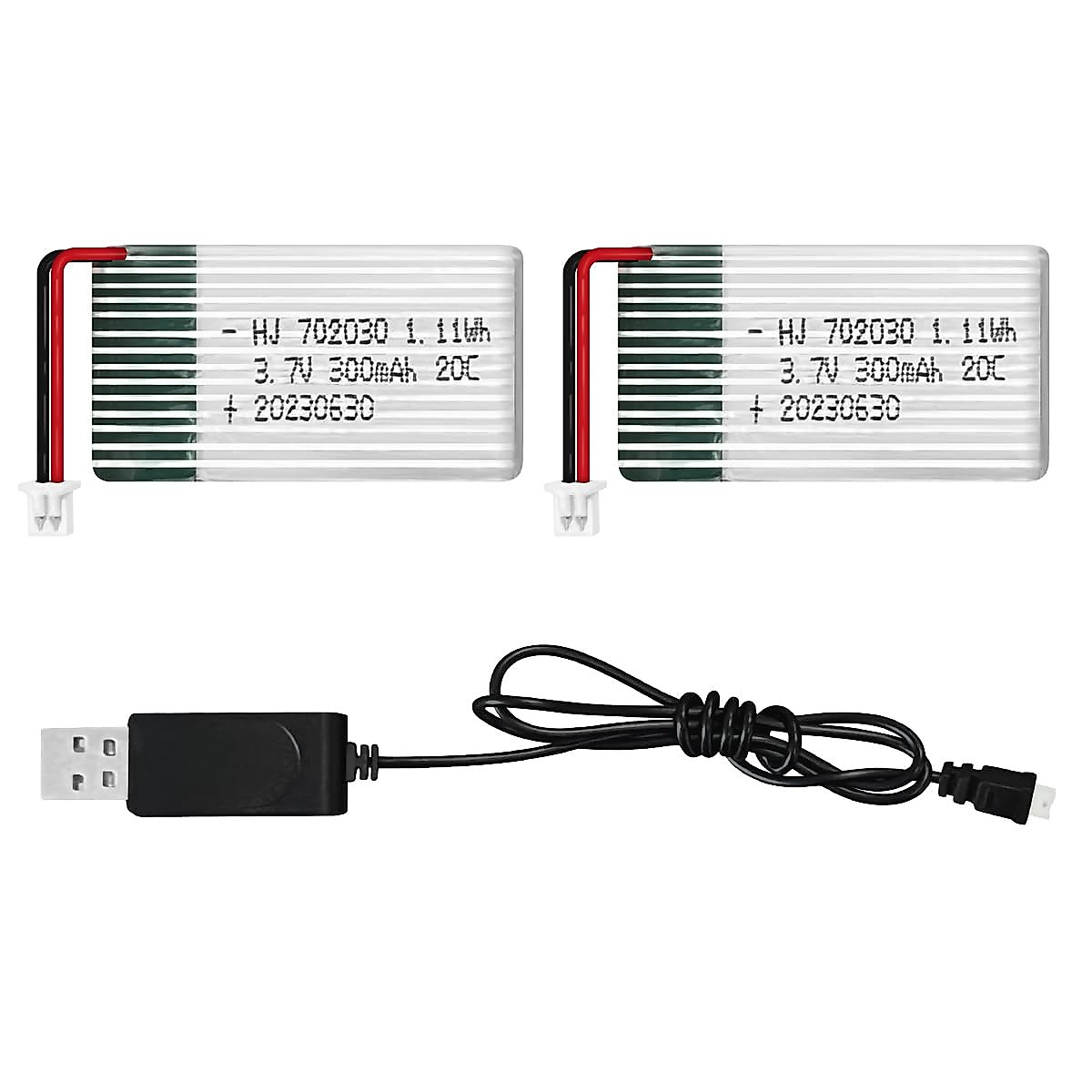 HAWK'S WORK 2 Pcs 3.7V Lipo Battery, 300 mAh Rechargeable Lithium Polymer Battery for RC Plane Helicopter Drone All Models & Toys (PH1.25 Connector)