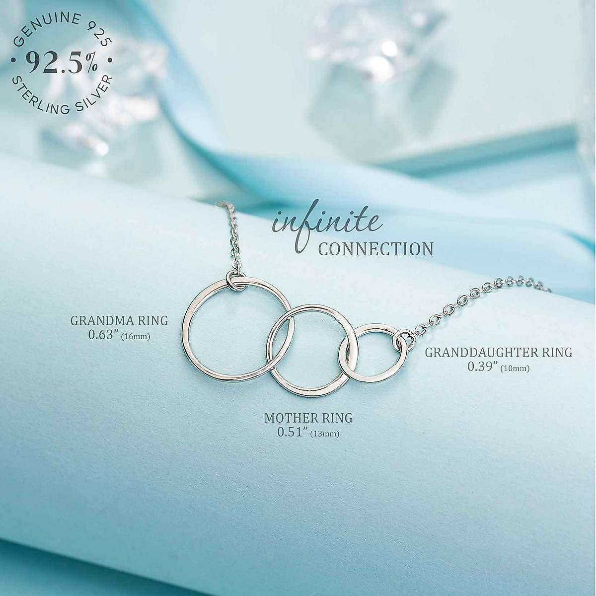 AnalysisyLove 3 Generations Necklace - Sterling Silver Interlocking Infinity 3 Circles Necklace for Grandma Mom Granddaughter, Birthday Jewelry Mothers Day Gift
