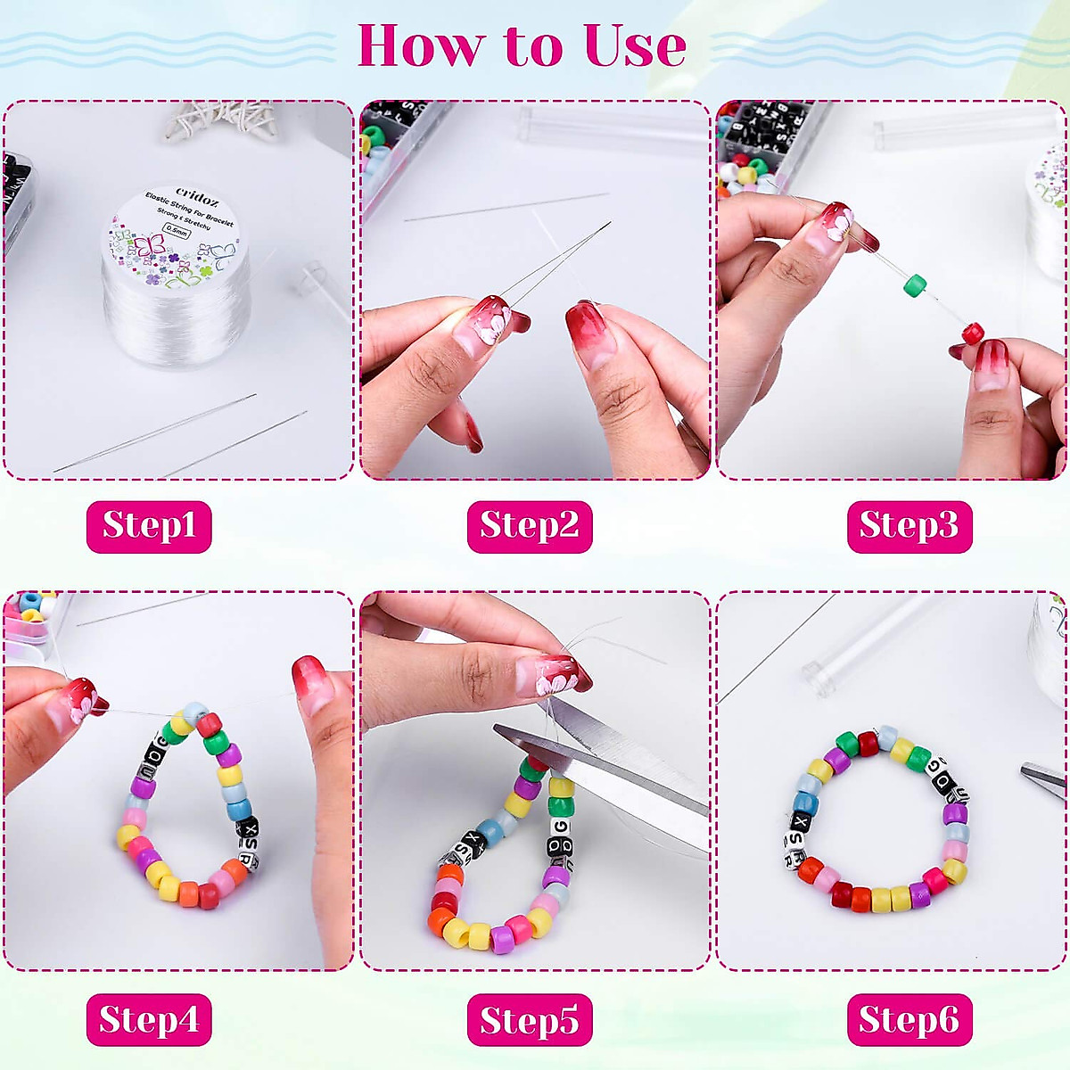 Stretchy String for Bracelets, Cridoz 0.5mm Clear Elastic String Stretch Cord Jewelry Bead Bracelet String with 2 Pcs Beading Needles for Seed Beads, Pony Beads, Bracelets and Jewelry Making