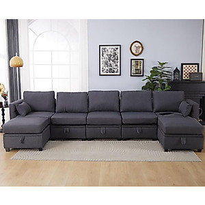 RVEE U-Shaped Convertible Sectional Sofa with USB Charging Station Wide Chaise Lounge Modern Modular Couch with Ottomans Sleeper Sofa with Storage Seat (Dark Gray, U-Shaped 7 Seater B)