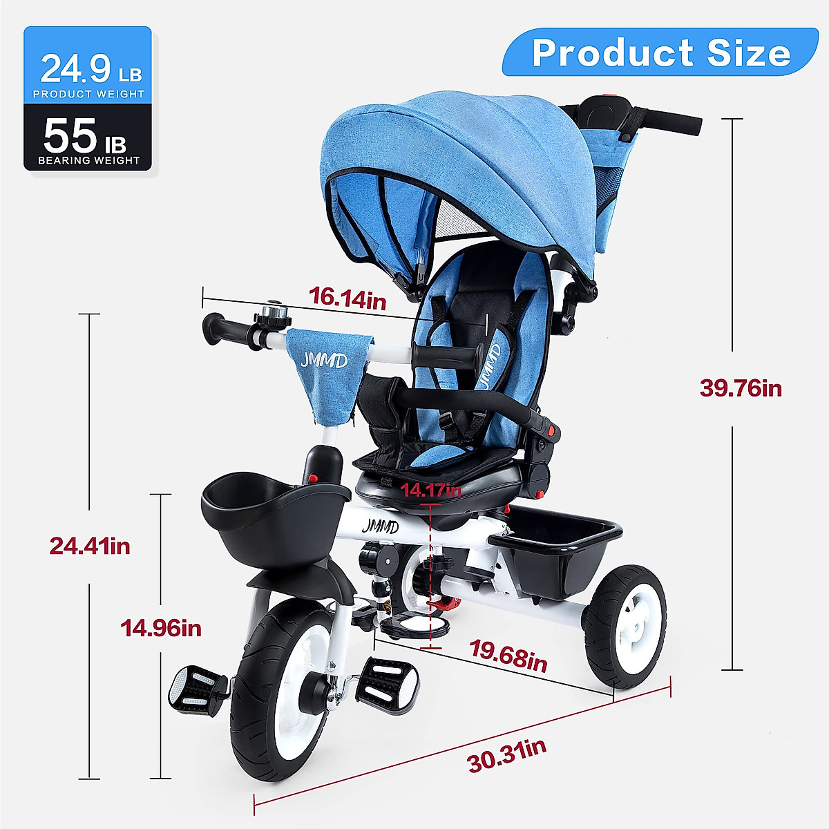 JMMD Baby Trike, 6-in-1 Kids Tricycle with Adjustable Push Handle, Removable Canopy, Safety Harness for 18 Months - 5 Year Old, Blue