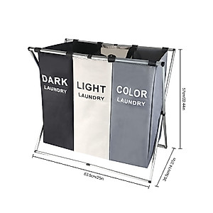 132L Laundry Cloth Hamper Sorter Basket Bag Bin Foldable 3 Sections with Aluminum Frame 25'' × 14'' x 22'' Washing Storage Dirty Clothes Bag for Bathroom Bedroom Home (White+Grey+Black)