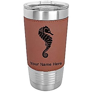 LaserGram 20oz Vacuum Insulated Tumbler Mug, Seahorse, Personalized Engraving Included (Faux Leather, Dark Brown)