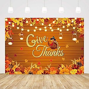 AIBIIN 7x5ft Autumn Thanksgiving Festival Backdrop Fall Wooden Maple Leaves Pumpkin Photography Background Harvest Give Thanks Banner Thanksgiving Day Party Decorations Props
