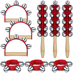 9 Pcs Christmas Hand Jingle Bells Wooden Hand Sleigh Bells Wrist Band Jingle Bells Jingle Shaker Bells with Wooden Grip Musical Bell Instruments Handheld Bells for Birthday Party Favors
