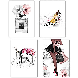 Lodintech Fashion Canvas Wall Art Girls Bedroom Wall Decor Pink Flower Perfume Unframed Art Prints Fashion Posters Living Room Women Office Decorations Makeup Brush High Heels Paintings,8x12'' 4PCS