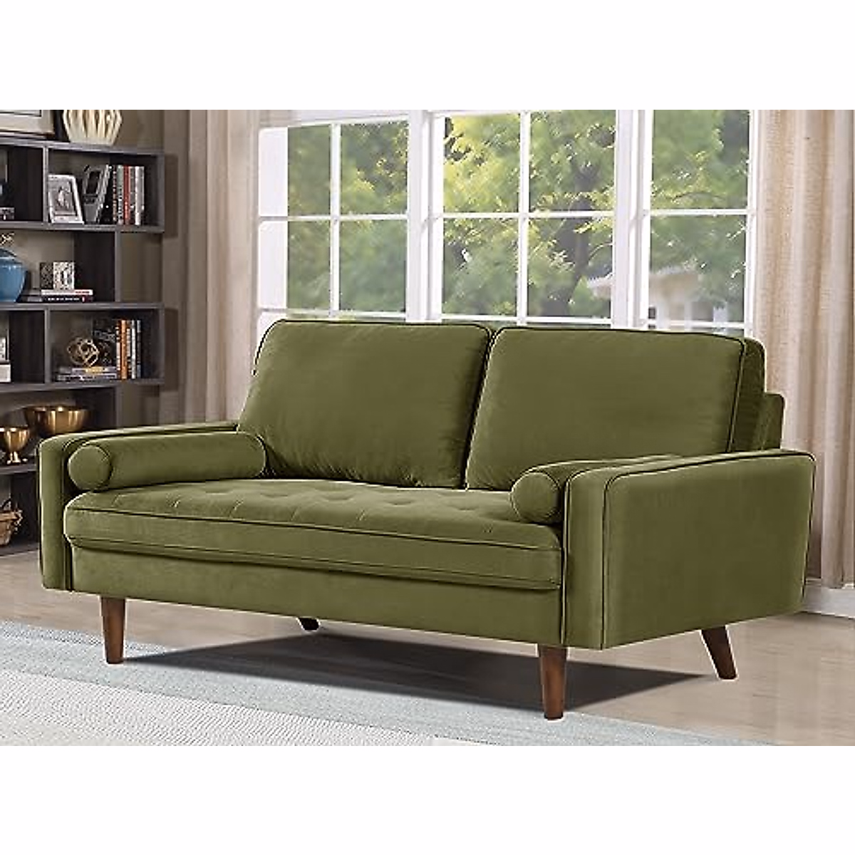 Container Furniture Direct Velvet 58" Loveseat Sofa Couch for Living Room, Classic Mid-Century Style with Modern Silhouette, Button Tufting and Wood Legs, Includes 2 Bolster Pillows, Olive Green