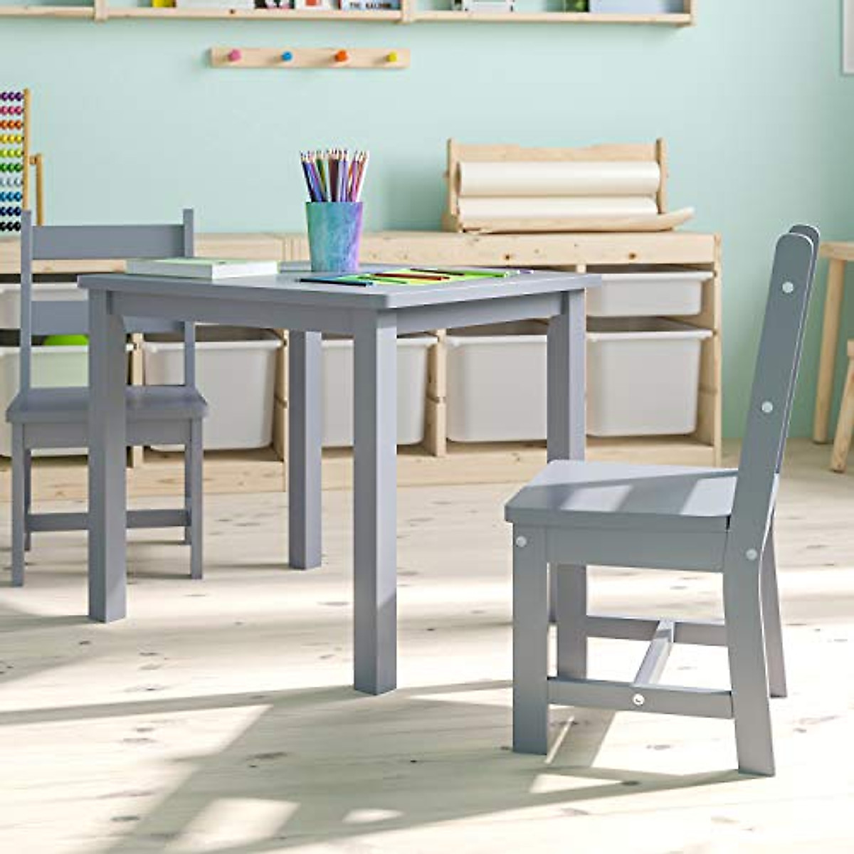 Flash Furniture Kyndl Kids Solid Hardwood Table and Chair Set for Playroom, Bedroom, Kitchen - 3 Piece Set - Gray