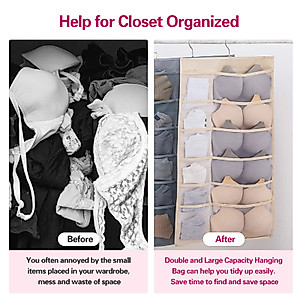 Hanging Mess Pockets Dual Sided Wall Shelf Wardrobe Organizers Storage Bags,Closet Hanging Organizer with 36 Mesh Pockets & Rotating Metal Hanger,for Bra Underwear Underpants Shoes Sock (Beige)