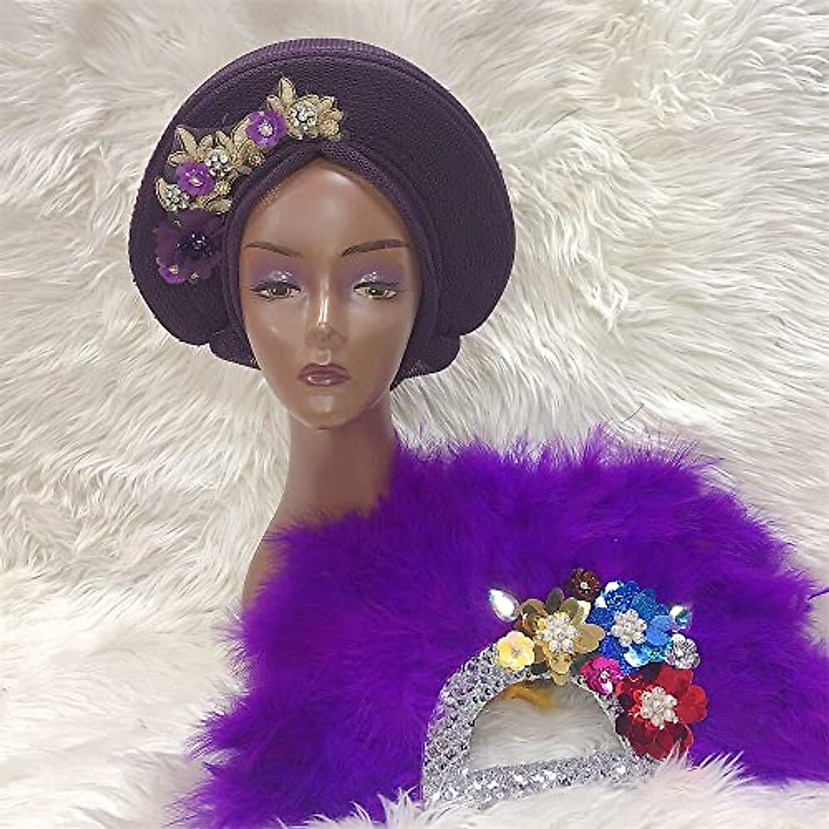 Msbfea Feather Fan Big Size African White Feather with Autogele Headtie Turban Cap Matching 1headtie+1fan Color 311