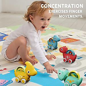 COVTOY 1 Year Old Boy Gift, 4 Sets of Vehicle Dinosaur Car Toys with Playmat and Storage Bag Baby Toys 12-18 Months First Birthday Gifts for 1 Year Old Infants and Toddlers