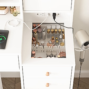 Vabches White Vanity Desk with Mirror and Lights, Vanity Table Makeup Vanity with Lights 3 Drawers and Cabinets, Charging Station & Sliding Door, Lots Storage Shelves