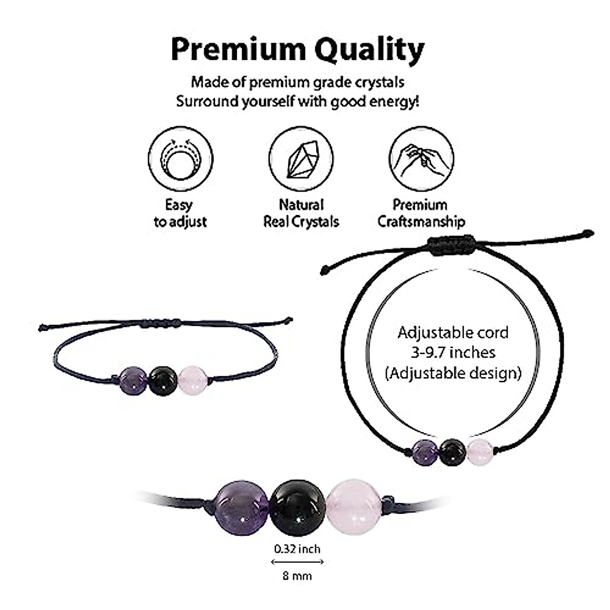 BOHO GARDEN Healing Bead Bracelets for Anxiety - Spiritual Crystal Beaded Bracelet - Made of 3 Real & Natural Gemstones, Adjustable 3-9.7” Black Rope - Gem Stones Jewelry for Men, Women, Teens, Kids - 8mm Bead