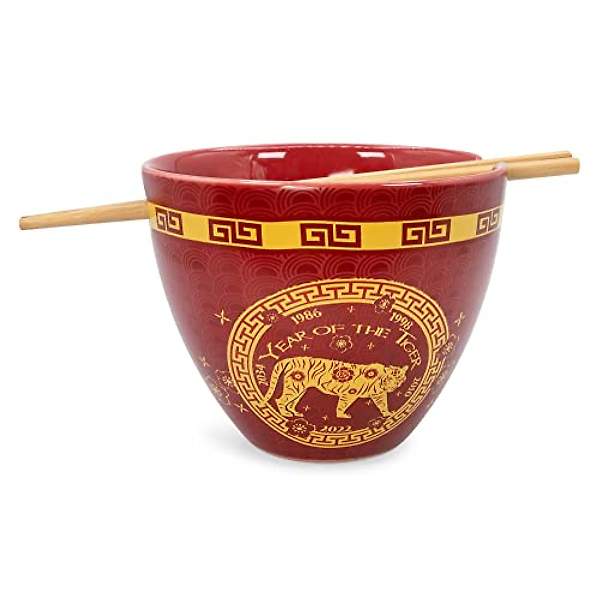 Year Of The Tiger Chinese Zodiac Ceramic Dinnerware Set | Includes 16-Ounce Ramen Noodle Bowl and Wooden Chopsticks | Asian Food Dish Set For Home & Kitchen | Kawaii Lunar New Year Gifts