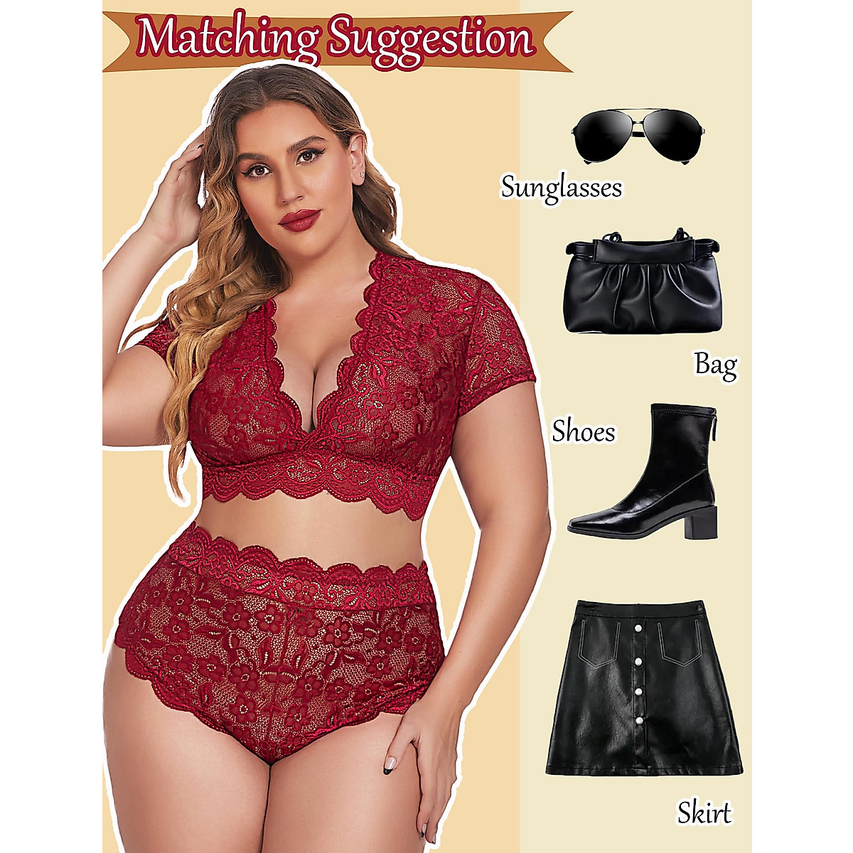 Avidlove Plus Size Lingerie Plus Floral Lace Scallop Trim Lingerie Set Deep V Allover Lace Bra Panties Set Sexy Clubwear (18W, 1 Wine Red)