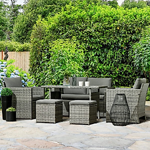 Outsunny 6 Piece Patio Dining Set, PE Rattan Furniture Set with 2 Chairs Cushions & Outdoor Loveseat Sofa, Woodgrain Slatted Dinner Table, Gray