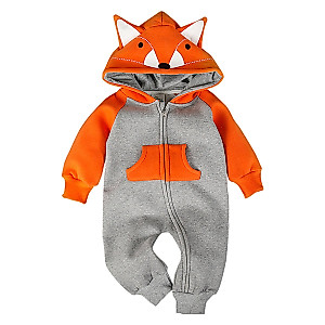 Bebone Hooded Fleece Romper for Baby Girls Boys Cartoon Animal Fox Jumpsuit (0-3M, Orange)