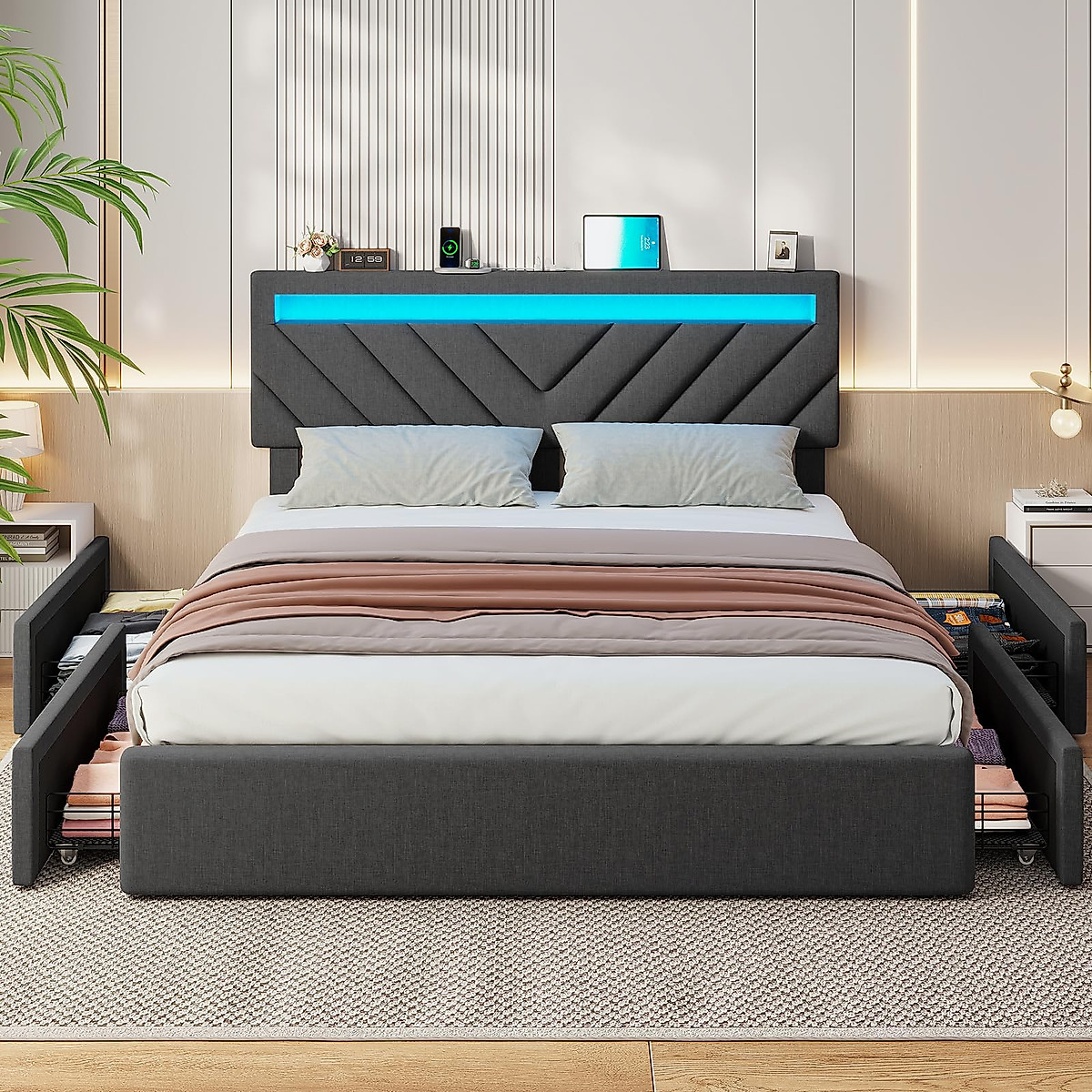 ADORNEVE Full Size LED Bed Frame with 4 Drawers, Platform Bed Frame with 2 USB Charging Station, Upholstered Bed with Storage, No Box Spring Needed, Easy Assembly, Dark Grey