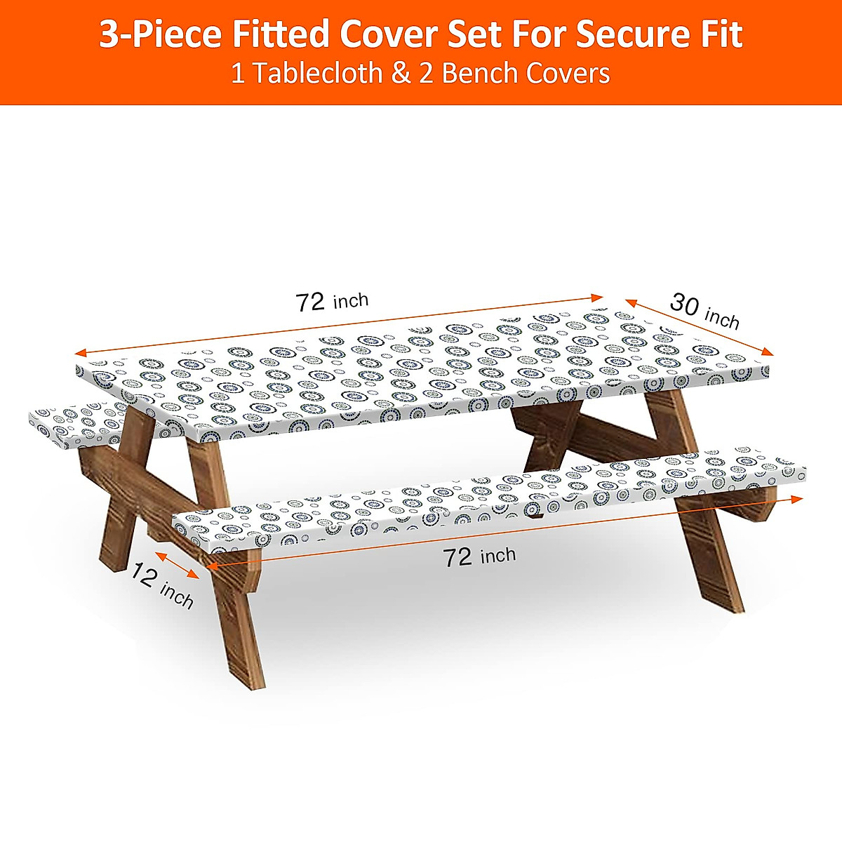 KENOBEE 6ft Picnic Table and Bench Fitted Cover, 72" Flannel Backing Elastic Edge Waterproof Wipeable Plastic Cover Fitted Vinyl Tablecloth for Home Goods Indoor Outdoor Patio, Blue Flywheel