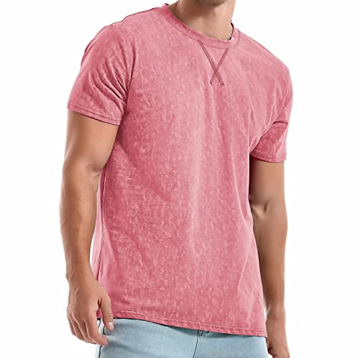 KLIEGOU Men's T-Shirts - Elasticity Cotton Crew Neck Tees 2166 Pink XL
