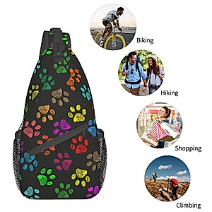 SURERUIM Paw Print Sling Bag for Women Men Crossbody Shoulder Backpack Colorful Vibrant Colored Doodle Paw Prints Seamless Pattern Chest Bags Cute Animal Pet Footprints Gym Bag Casual Daypack