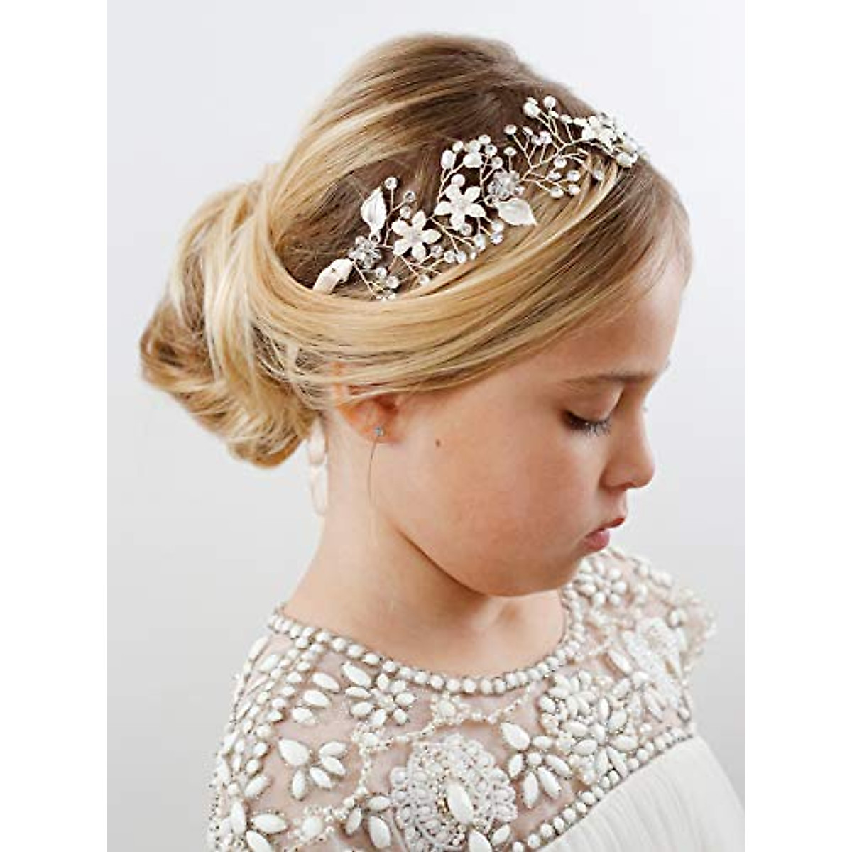 SWEETV Flower Girl Headpiece Silver Princess Wedding Headband -Baby Girls Flower Pearl Hair Accessories for Birthday Party, Photography