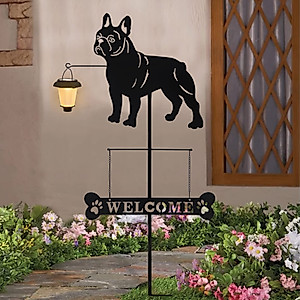 BAYN Solar French Bulldog Silhouette Dog Breed Welcome Sign with a Lantern Outdoor Decorative Garden Stakes for Yard, Lawn, Patio, Pathway