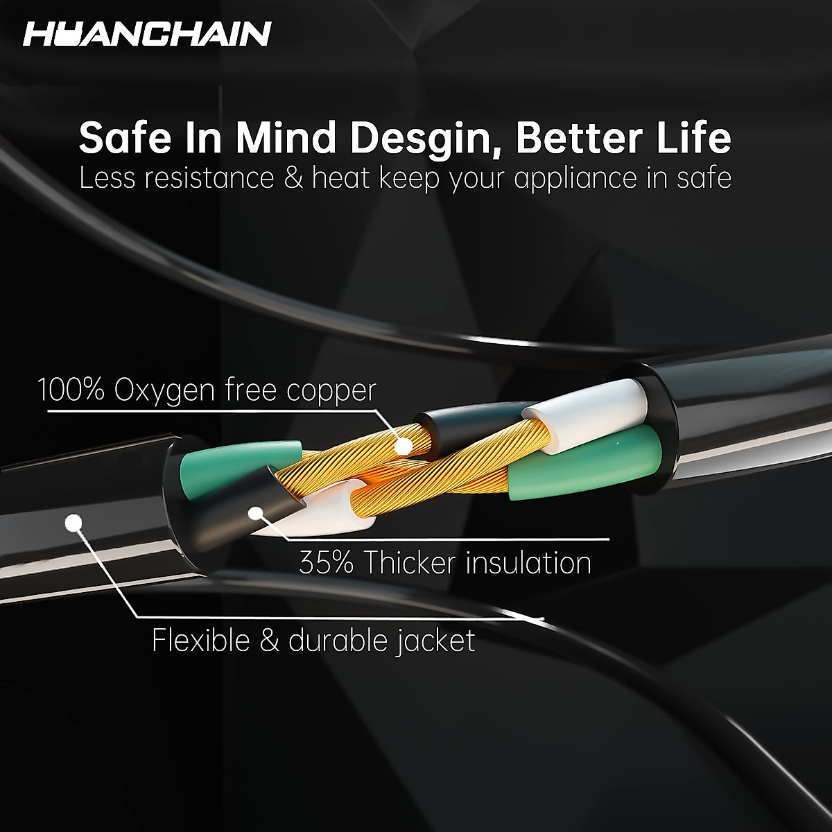 HUANCHAIN Indoor Outdoor Black Extension Cord 25 ft Waterproof, 16/3 Gauge Flexible Cold-Resistant Appliance Cord Outside, 13A 1625W 16AWG SJTW, 3 Prong Heavy Duty Electric Cord, ETL