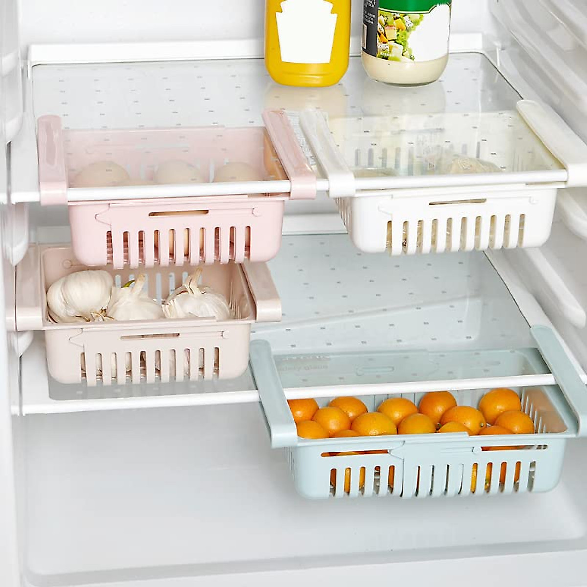 Gsycle Refrigerator Drawer Organizer, 2PCS Fridge Drawer Organizer Pull out Storage Box Refrigerator Bins Refrigerator Shelves for Egg Fruit Vegetable Seafood(Beige)