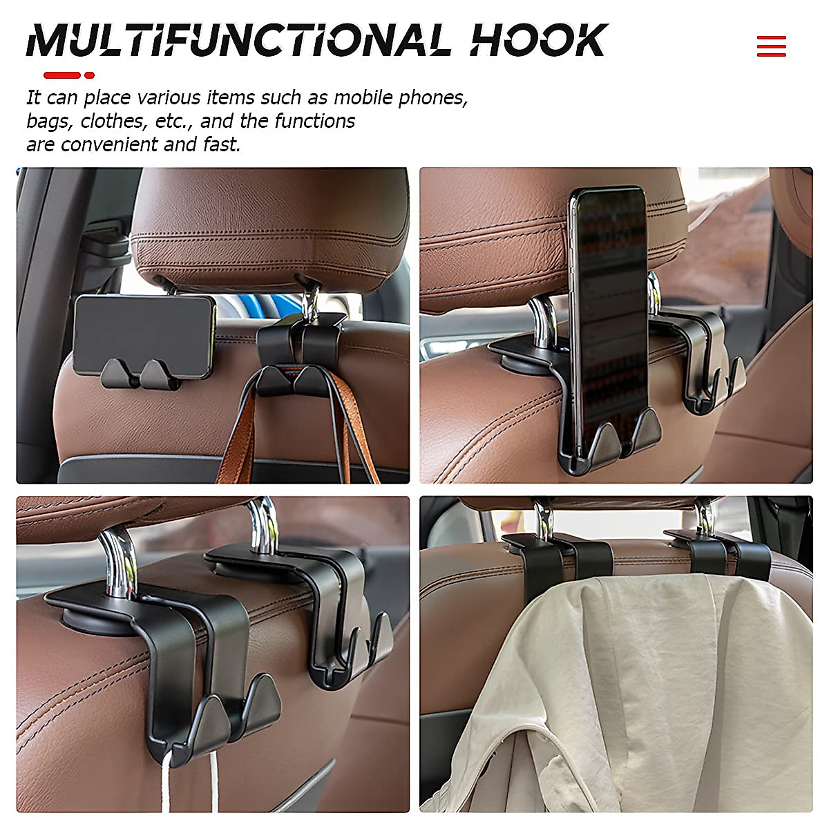 Car Headrest Hook, 4 Pack Dual Hangers for Auto Seat Back, 2 in 1 Seat Head Rest Hanger, Auto Interior Storage Organizer for Purse Bag Coat Grocery, Phone Holder, Fit for All Cars