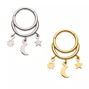 Pierced Owl 16GA 316L Stainless Steel Double Hoop with Sun, Star and Crescent Moon Dangling Charms Hinged Segment Clicker Ring (Gold Tone)