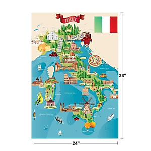 Italian Tourist and Travel Destinations Illustrated Map Travel World Map with Cities in Detail Map Art Wall Decor Geographical Illustration Travel Destinations Cool Wall Decor Art Print Poster 24x36