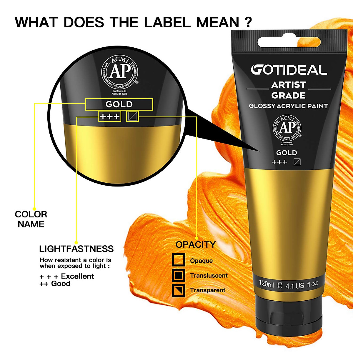 GOTIDEAL Acrylic Paint Metallic Gold 24K Tubes(120ml, 4.1 oz) Non Toxic Non Fading,Rich Pigments for Painters, Adults & Kids, Ideal for Canvas Wood Clay Fabric Ceramic Craft Supplies (Gold)