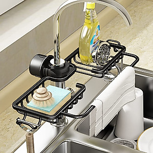 WINGSIGHT Faucet Sponge Holder Kitchen Sink Caddy Organizer Over Faucet Hanging Faucet Drain Rack for Sink Organizer (Double with Dishcloth Rack, Black)