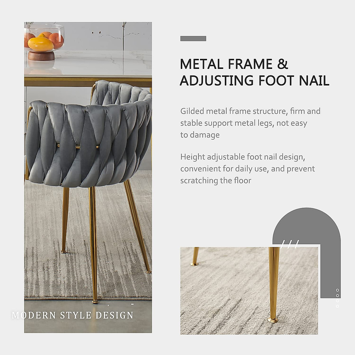 Tsuysi Velvet Set of 2, Gold Modern Dining Chair with Metal Legs, Woven Upholstered Dining Chairs for Dining Room, Kitchen, Vanity, Living Room (Grey)