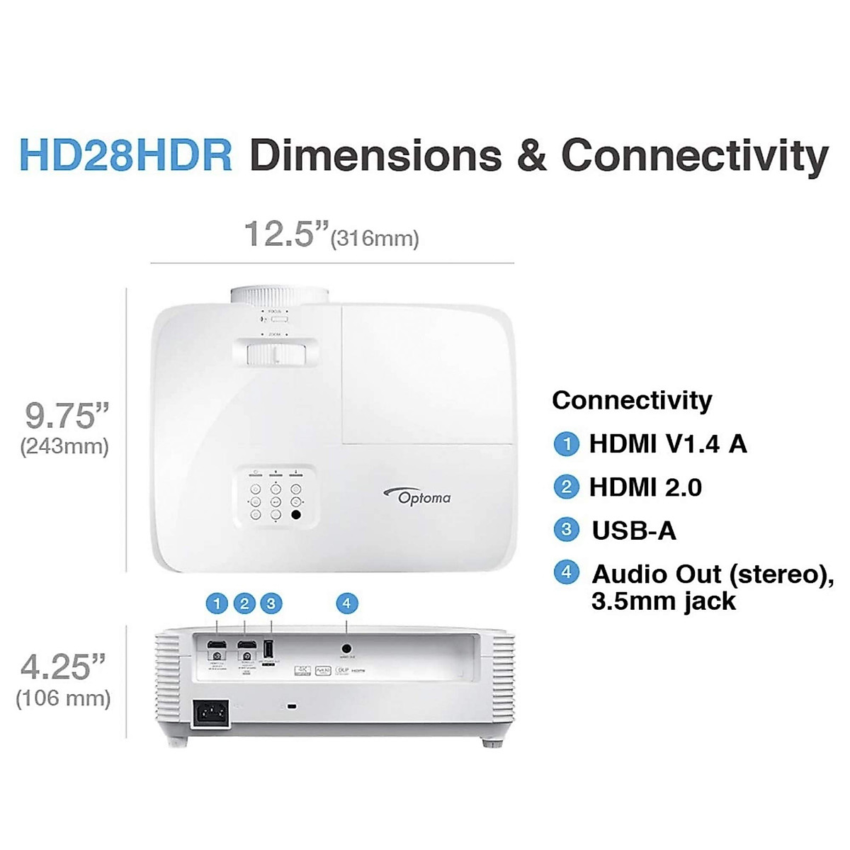 Optoma HD27HDR 1080p 4K HDR Ready Home Theater Projector for Gaming and Movies, 120Hz Support and HDMI 2.0, White