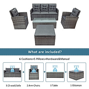 BIADNBZ 5-Piece Patio Furniture Set with Armchairs, Storage Bench and Glass Table, All Weather PE Wicker Outdoor Coversation Sofa Couch for Garden Backyard Lawn, Gray