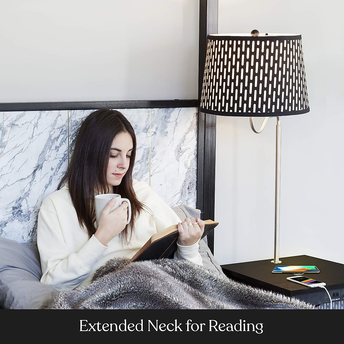 Brightech Madison w. Table & Lamp Combo, Desk Lamp with Wireless Charging Pad and USB Port, Bedside Reading Lamp, Nightstand Lamp with LED Bulb for Bedroom, Living Room, Office - Classic Black